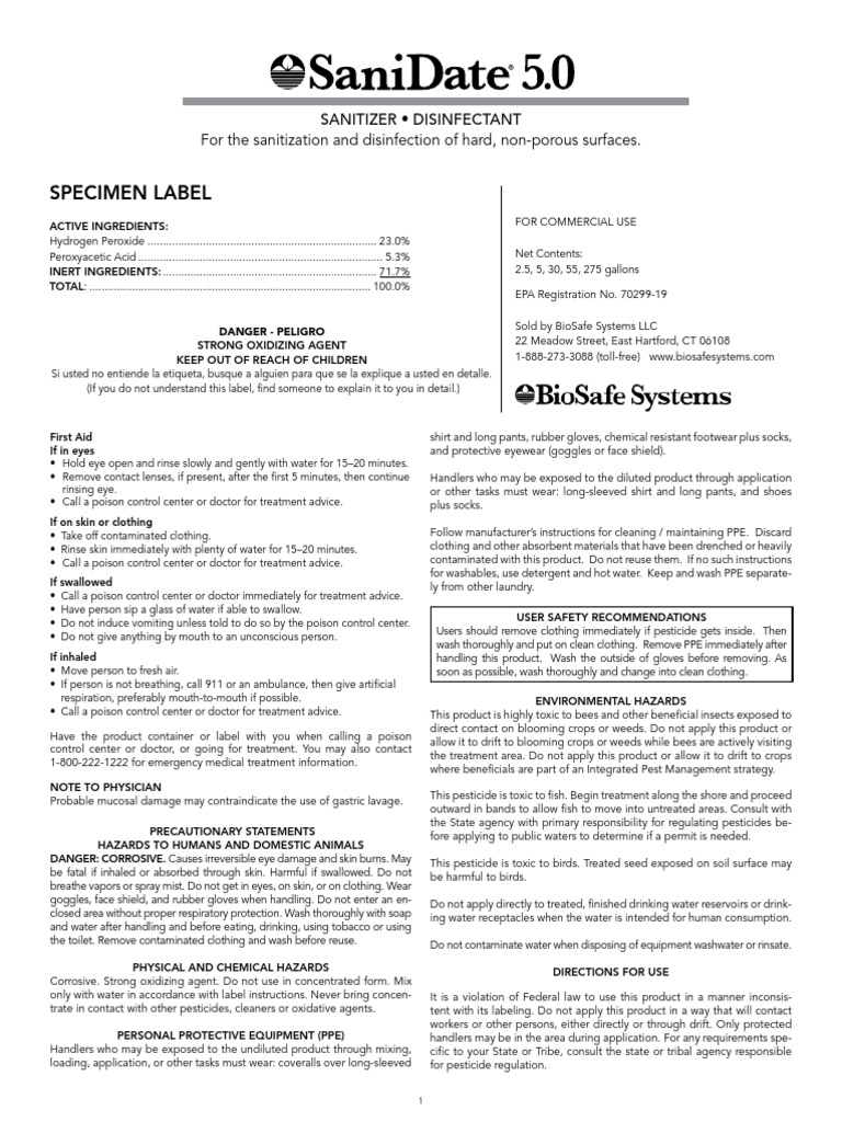 Specimen Label: Sanitizer - Disinfectant For The Sanitization and ...