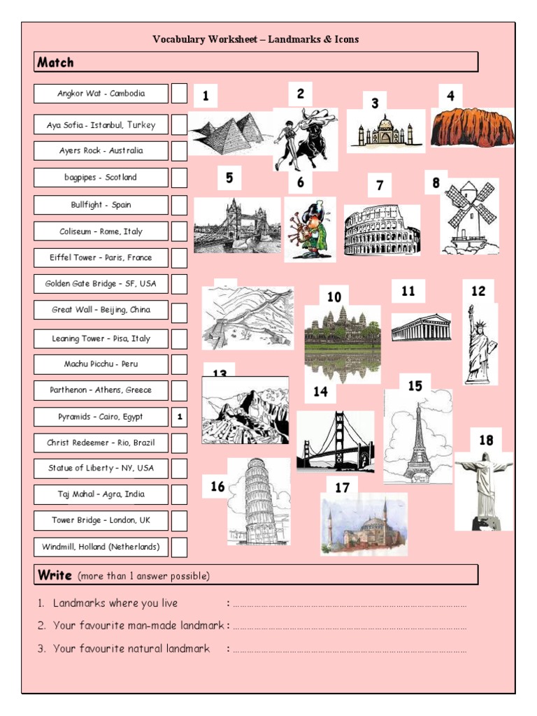 Vocabulary Matching Worksheet Landmarks Icons Fun Activities Games 3744 ...