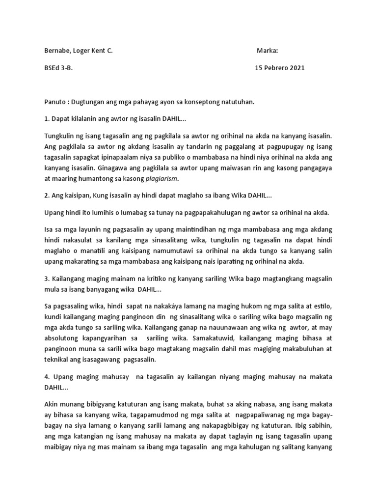 Bernabe Pagsasalin Gawain | PDF