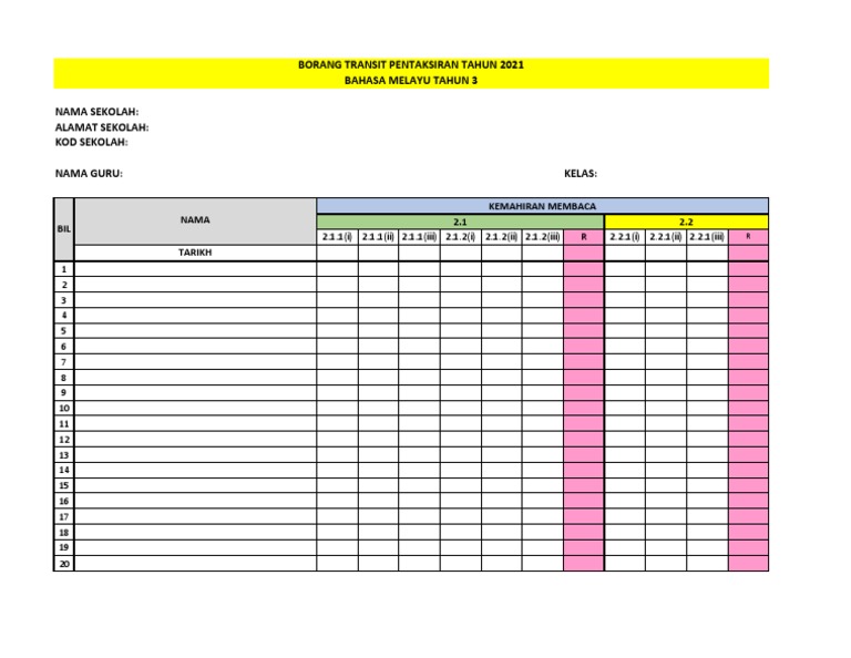 Rekod Transit BM THN 3 (Kemahiran Membaca 1) | PDF