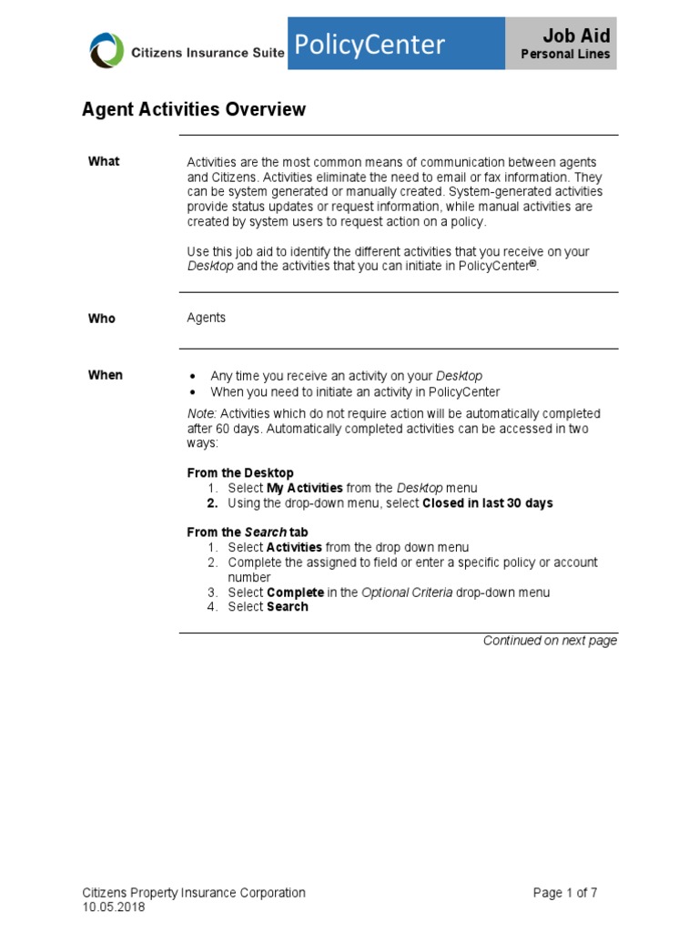 Policycenter: Job Aid Agent Activities Overview | PDF | Underwriting ...