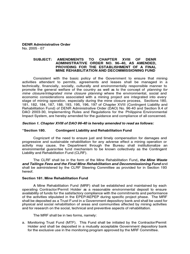 Establishing a Final Mine Rehabilitation and Decommissioning Fund to ...