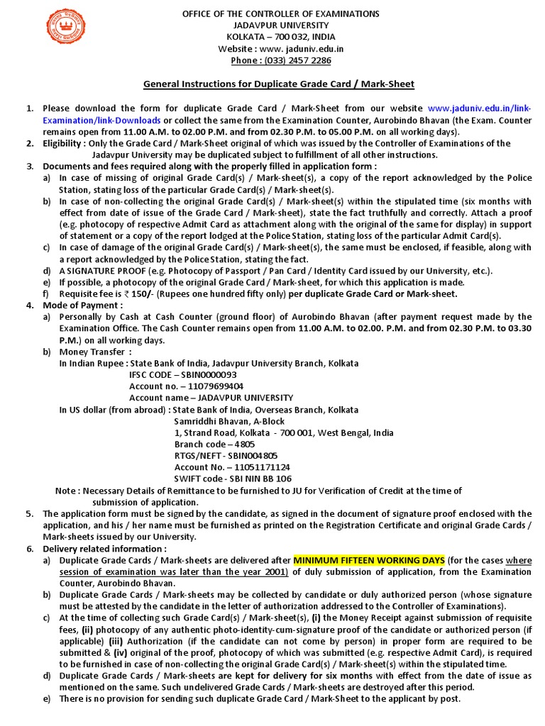 General Instructions For General Instructions For Duplicate Grade Card / Mark-Sheet Sheet ...