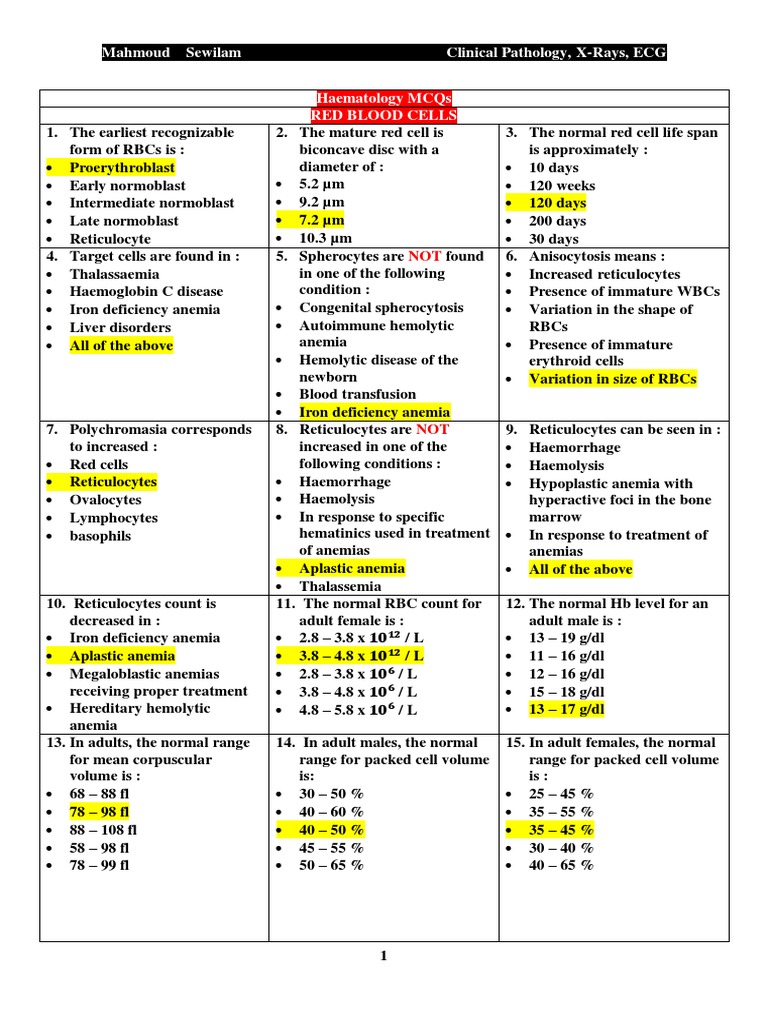 06 Clinical Pathology MCQs With Answers 1 | PDF | Anemia | Leukemia