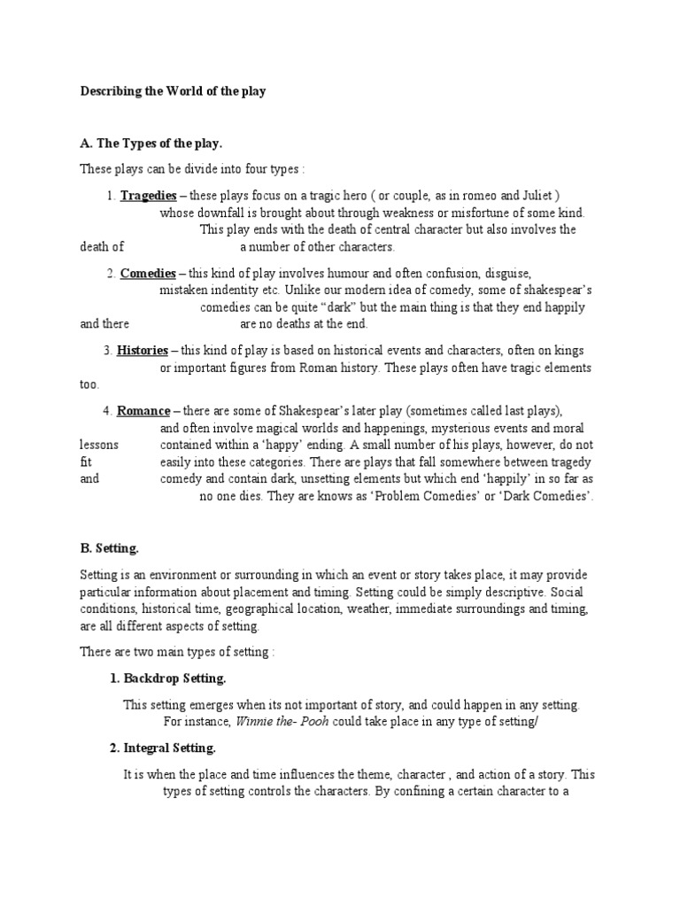 Describing The World of The Play Types of Play & Setting | PDF ...
