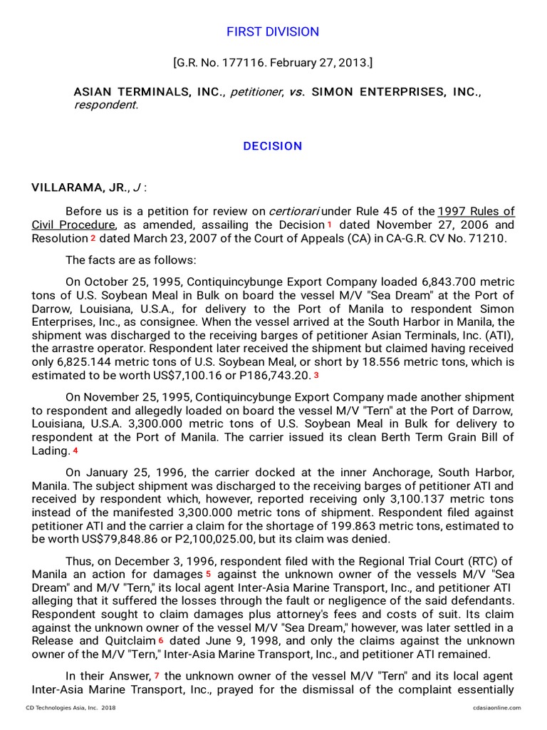 Asian Terminals V Simon | PDF | Bill Of Lading | Cargo