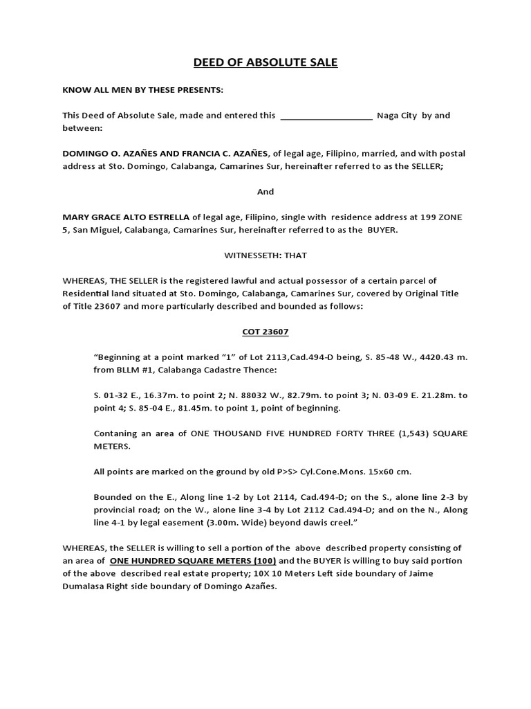 Deed of Absolute Sale | PDF | Land Law | Civil Law (Legal System)