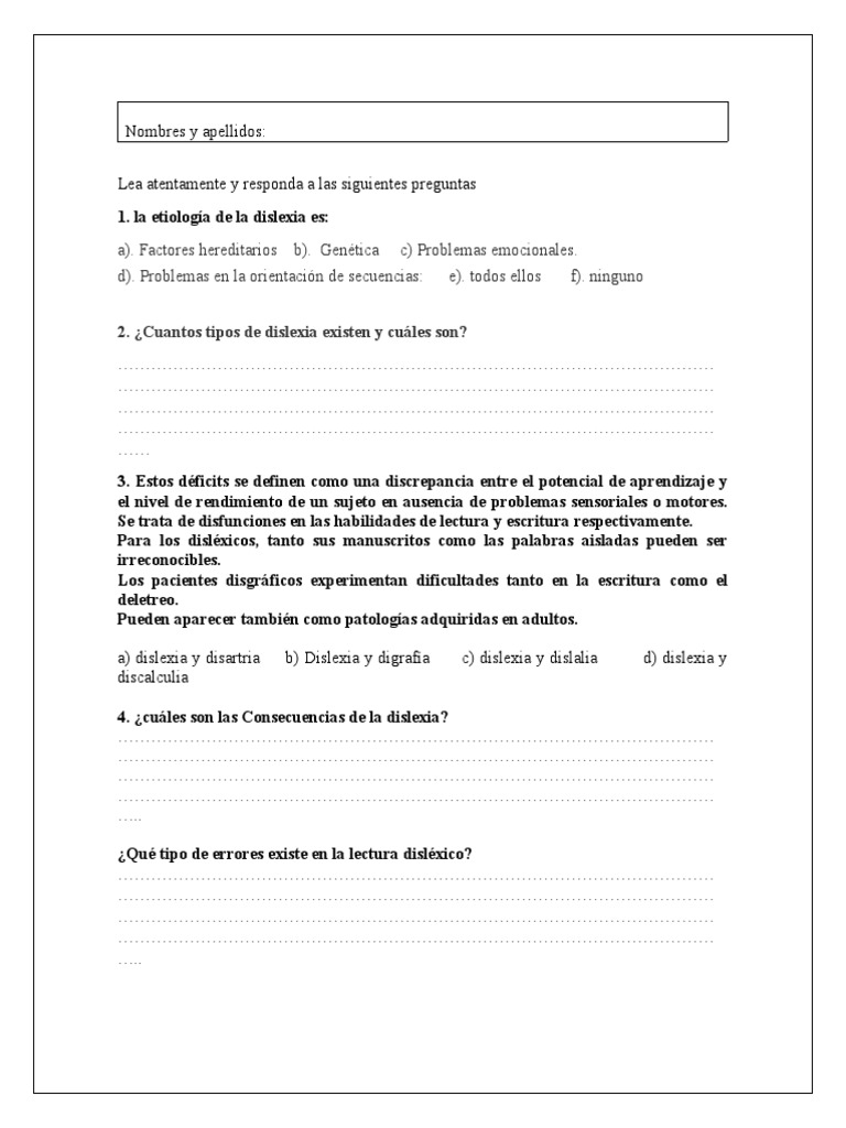 Examen sobre Dislexia y su Etiología | PDF | Juegos y actividades ...