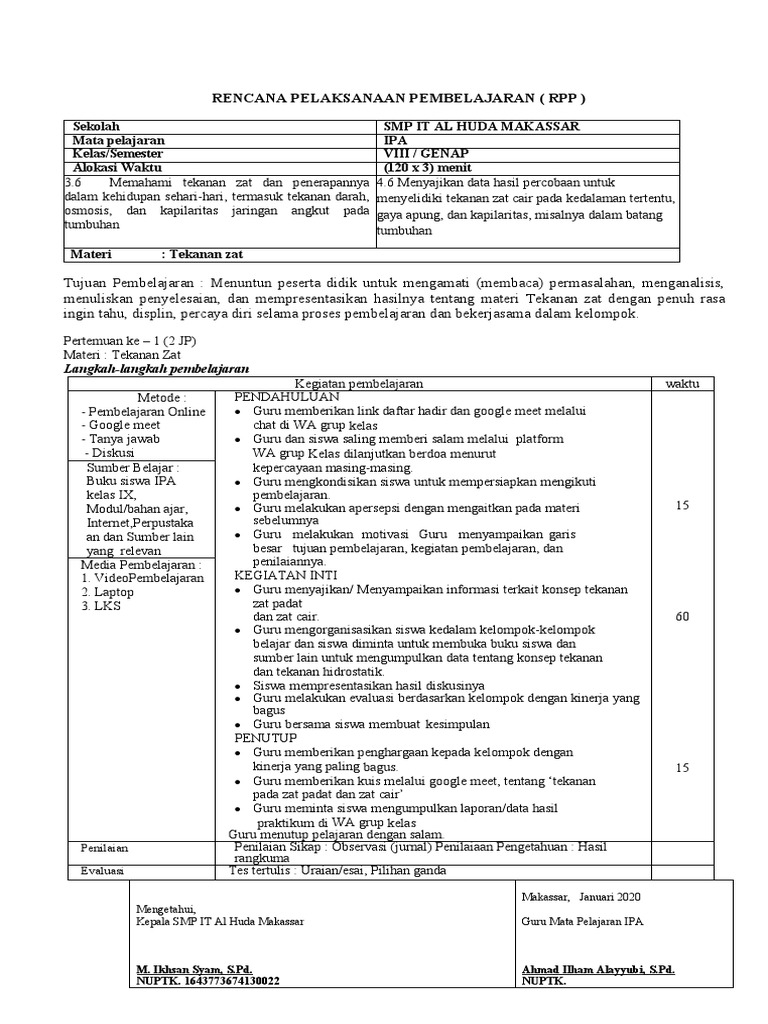 Kelas Viii RPP Tekanan Zat Pert. 1. 2. 3 | PDF