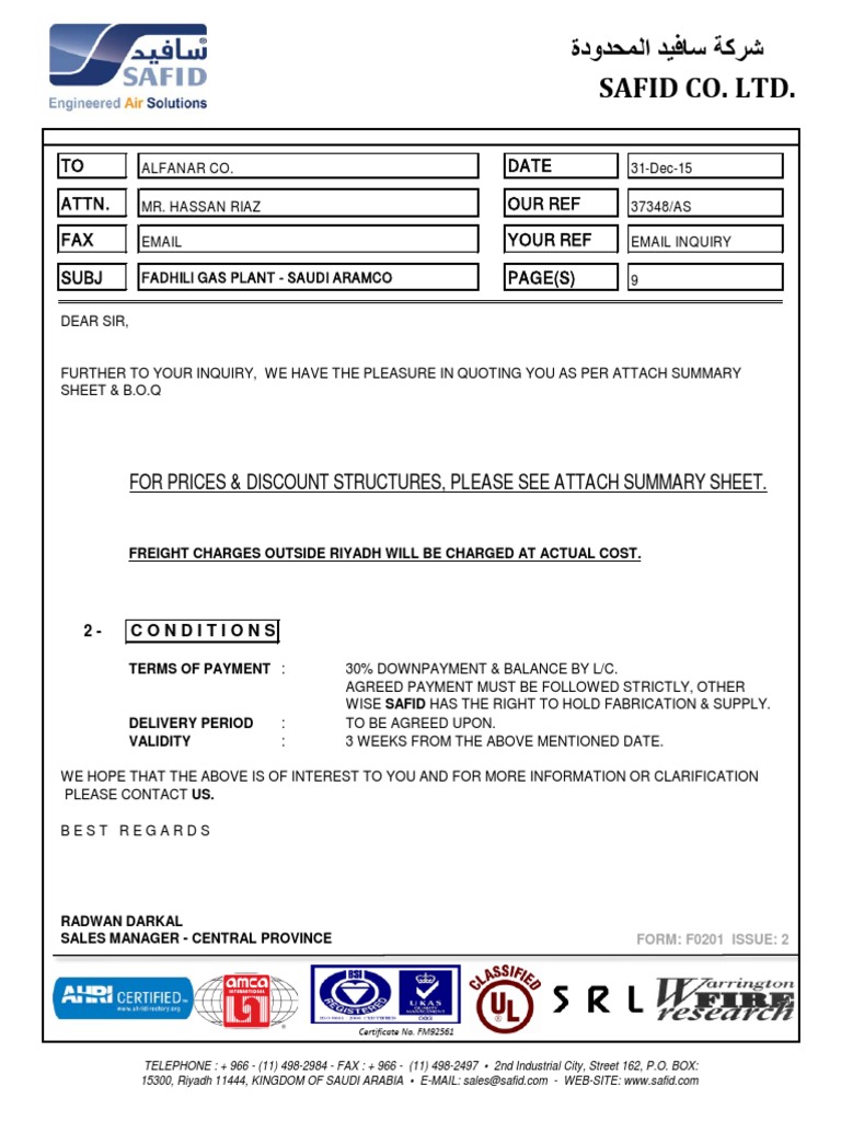 Safid Co. Ltd. Quotation for Fadhili Project | PDF | Mechanical ...