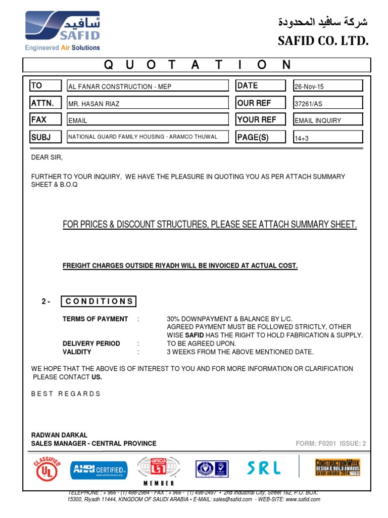 Safid Ductwork Quotation for Aramco | PDF | Duct (Flow) | Mechanical ...