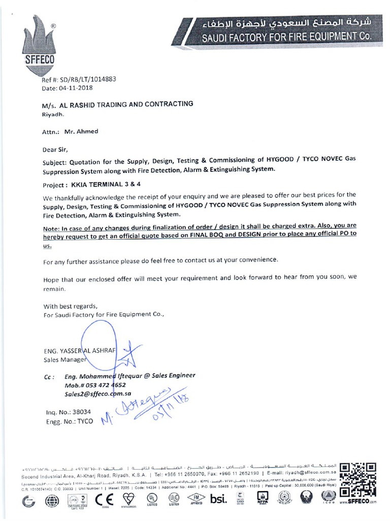 Al Rashid Trading and Contracting - KKIA 3 & 4 - Novec System | PDF