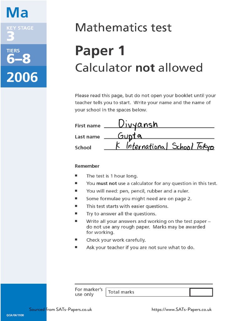 2006 Ks3 Sat Paper 1 | PDF | Equations | Mathematical Objects