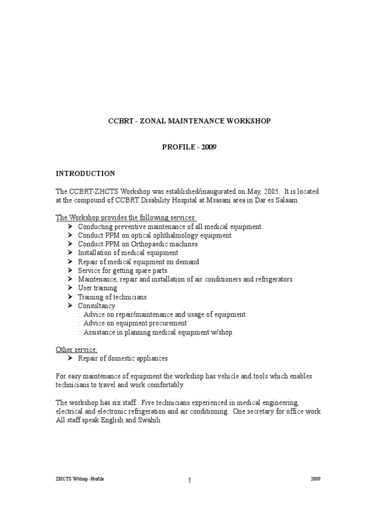 CCBRT - Zonal Maintenance Workshop: ZHCTS W/shop - Profile 2009 | PDF | Computers