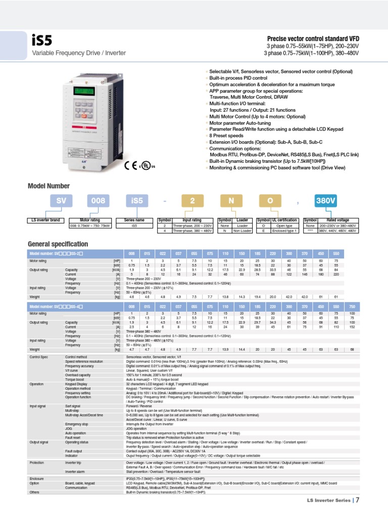 Specification Sheet for LS Inverter VFD Models with Precise Vector ...