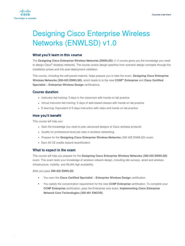 Designing Cisco Enterprise Wireless Networks Enwlsd | PDF | Wireless ... Designing Cisco Enterprise Wireless Networks Enwlsd | PDF | Wireless ...