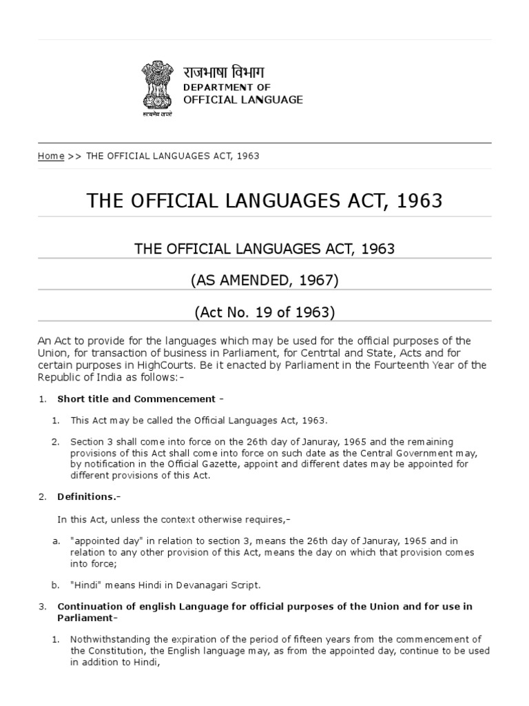 THE OFFICIAL LANGUAGES ACT, 1963 - Department of Official Language ...