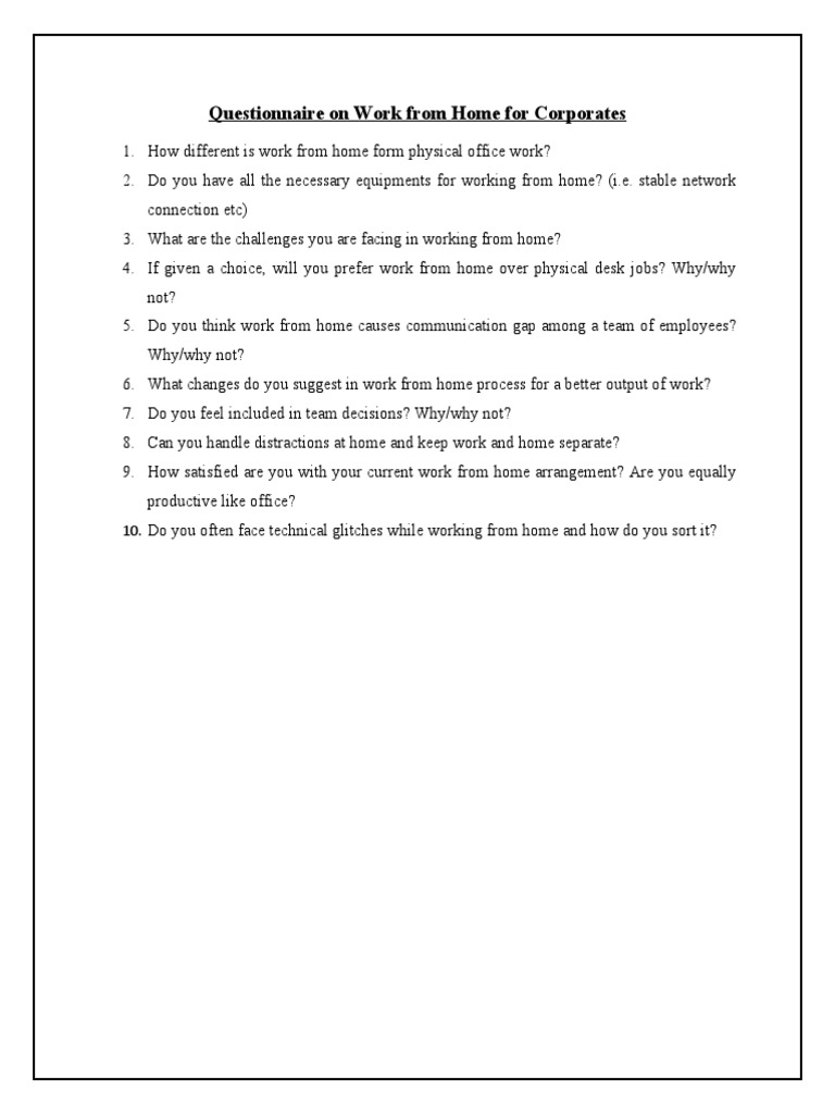 Questionnaire On Work From Home For Corporates | PDF