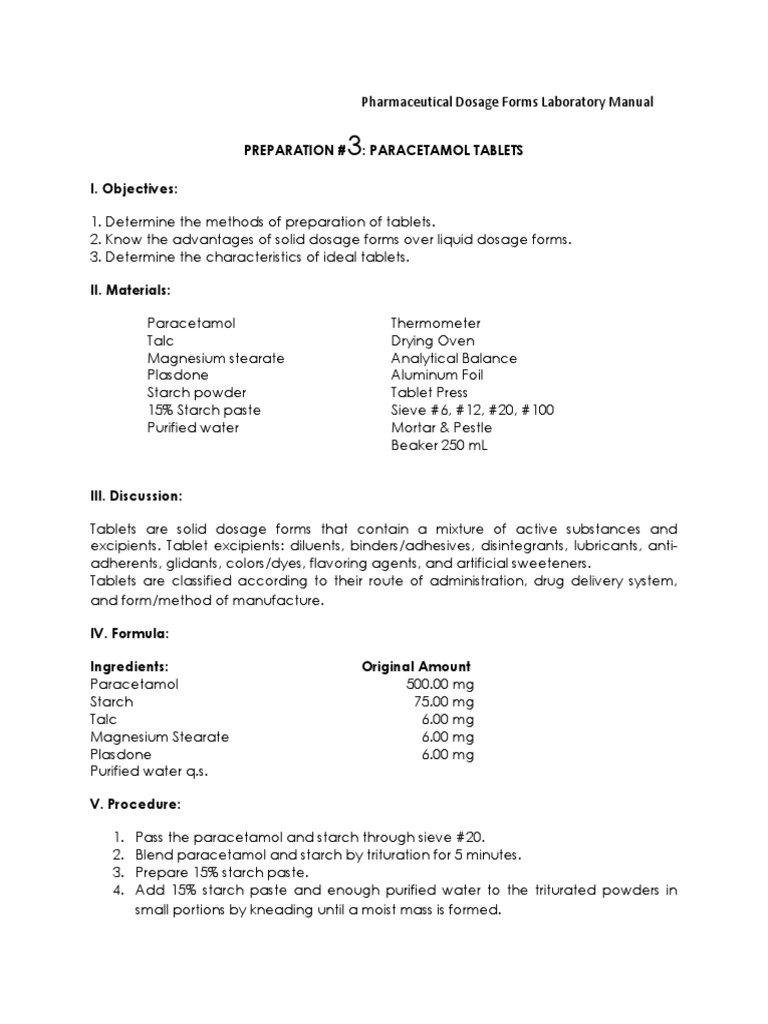 Preparation #: Paracetamol Tablets I. Objectives:: Pharmaceutical ...