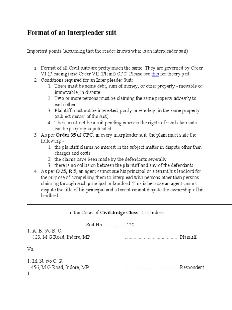 Format of An Interpleader Suit | PDF | Plaintiff | Lawsuit
