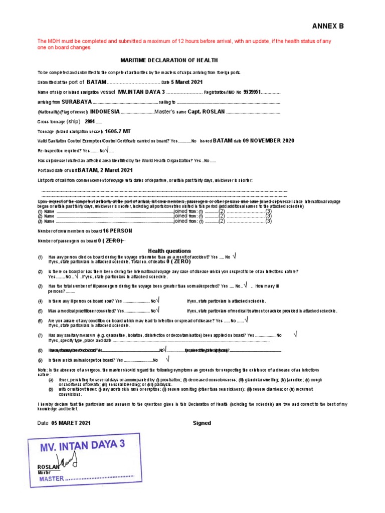 Form Annex B MDH Intan Daya 3 | PDF | Sea Captain | Infection