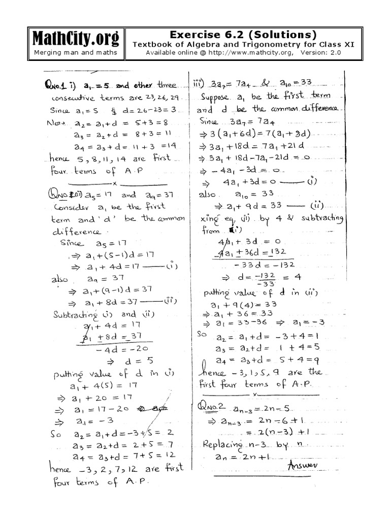 Exercise 6.2 (Solutions) : Textbook of Algebra and Trigonometry For Class XI | PDF