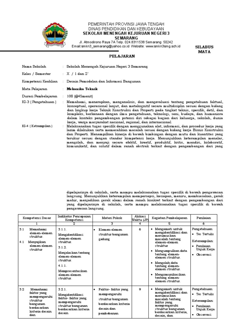 Silabus Mekanika Teknik SMK 3 Semarang | PDF