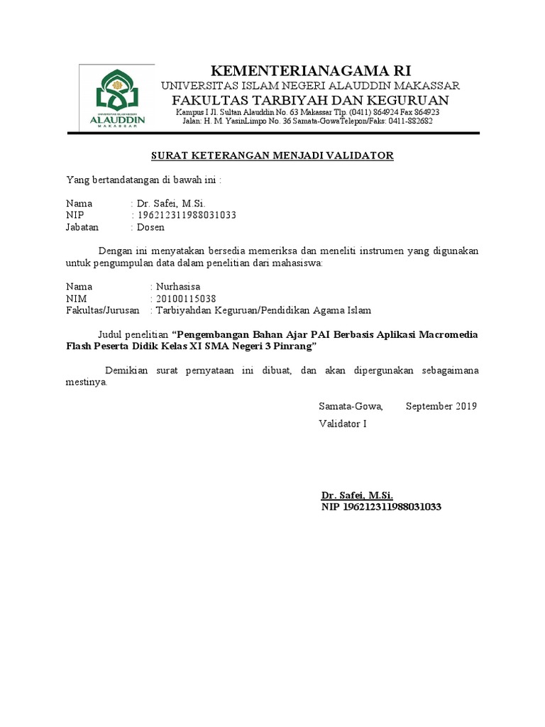 Surat Keterangan Menjadi Validator | PDF