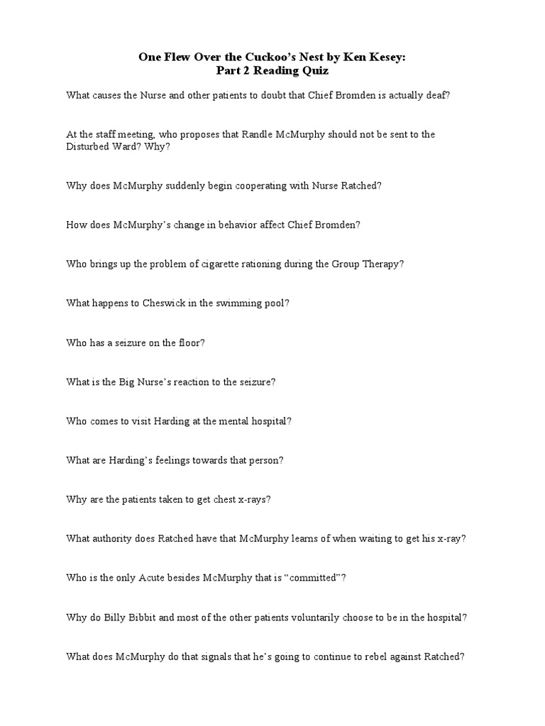 One Flew Over the Cuckoo's Nest Quiz | PDF | Hospital And Clinic