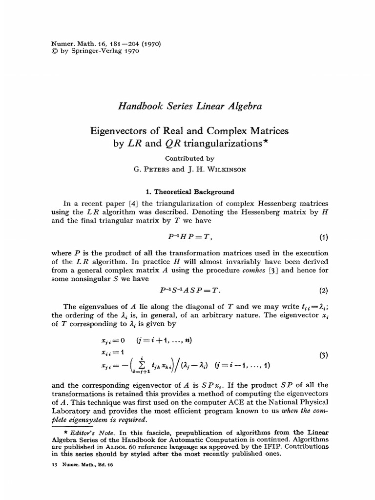 Eigenvectors Of Real And Complex Matrices By Lr And Qr Triangularizations Pdf Eigenvalues