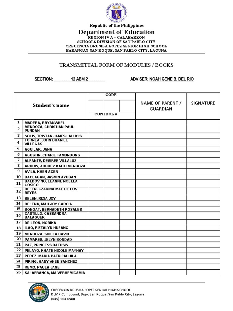 Transmittal Form of Modules/Books for Section 12 ABM 2 of Crecencia Drusila Lopez Senior High ...
