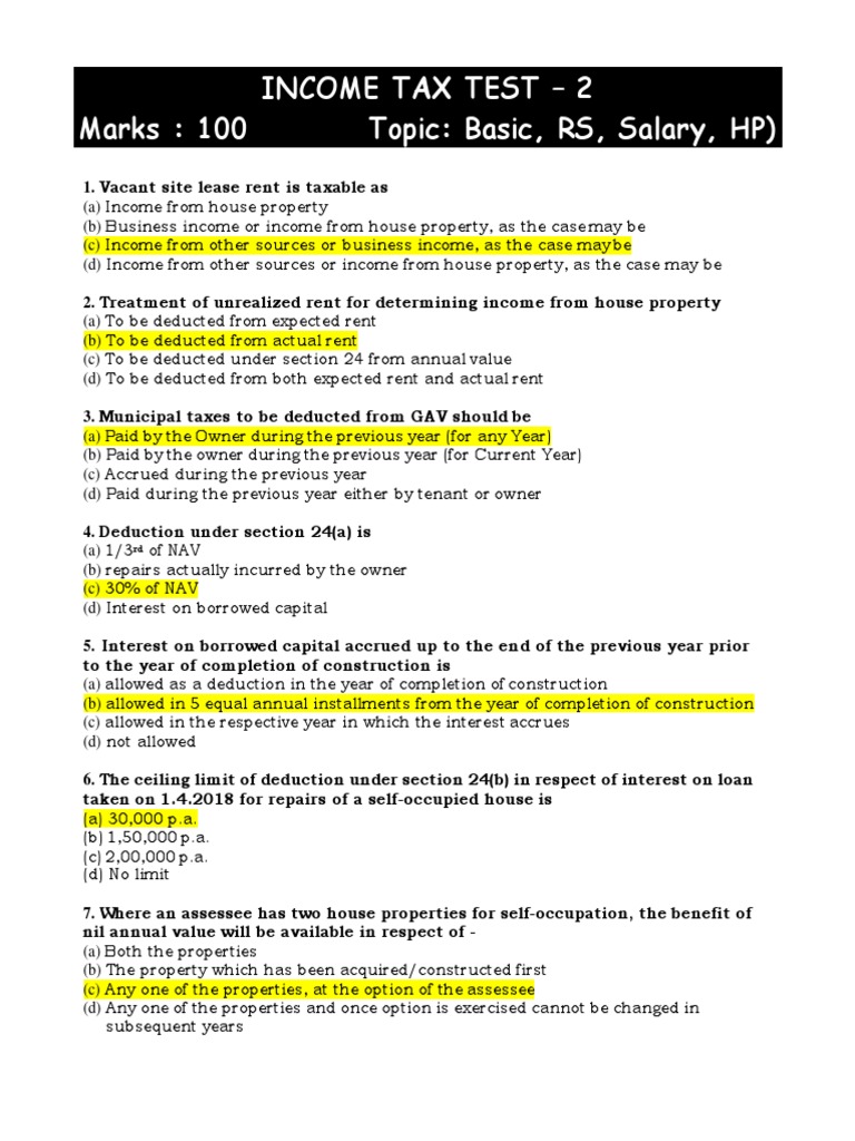 INCOME TAX TEST 2 100 MARKS With Answer by CA VIVEK GABA | PDF ...