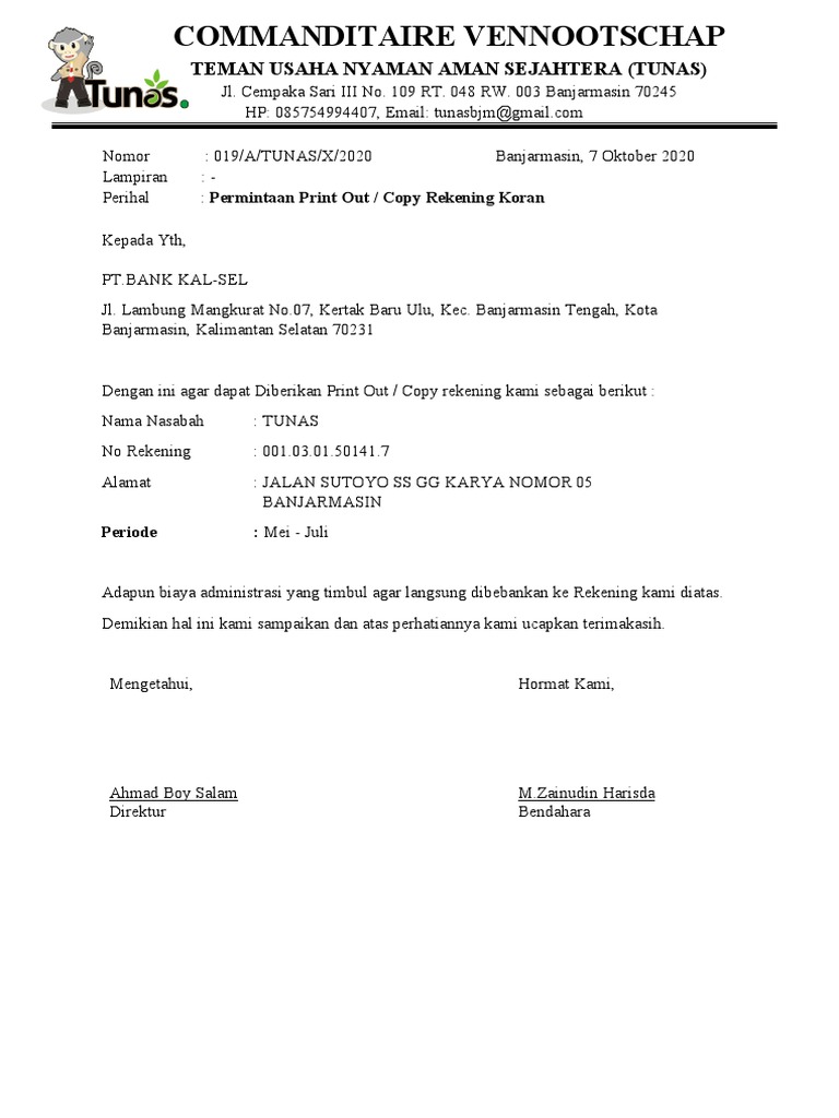 Surat Permintaan Print Out Copy Rekening Koran | PDF