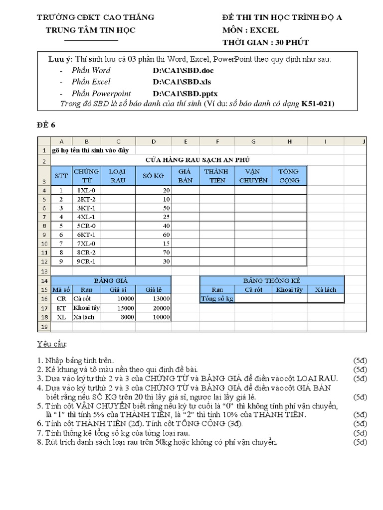 DETHI TINHOC A EXCEL De6 | PDF