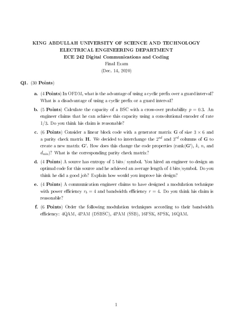 Final Exam for ECE 242 Digital Communications and Coding Course Covering OFDM, Channel Capacity ...