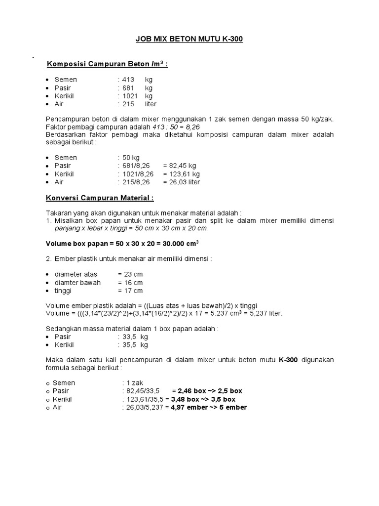 Job Mix Formula Beton Mutu K-300 | PDF