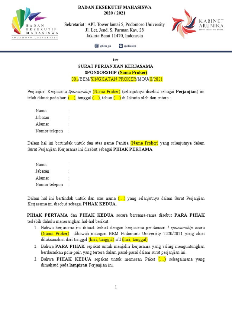 Format Surat Perjanjian Kerjasama Mou Pdf
