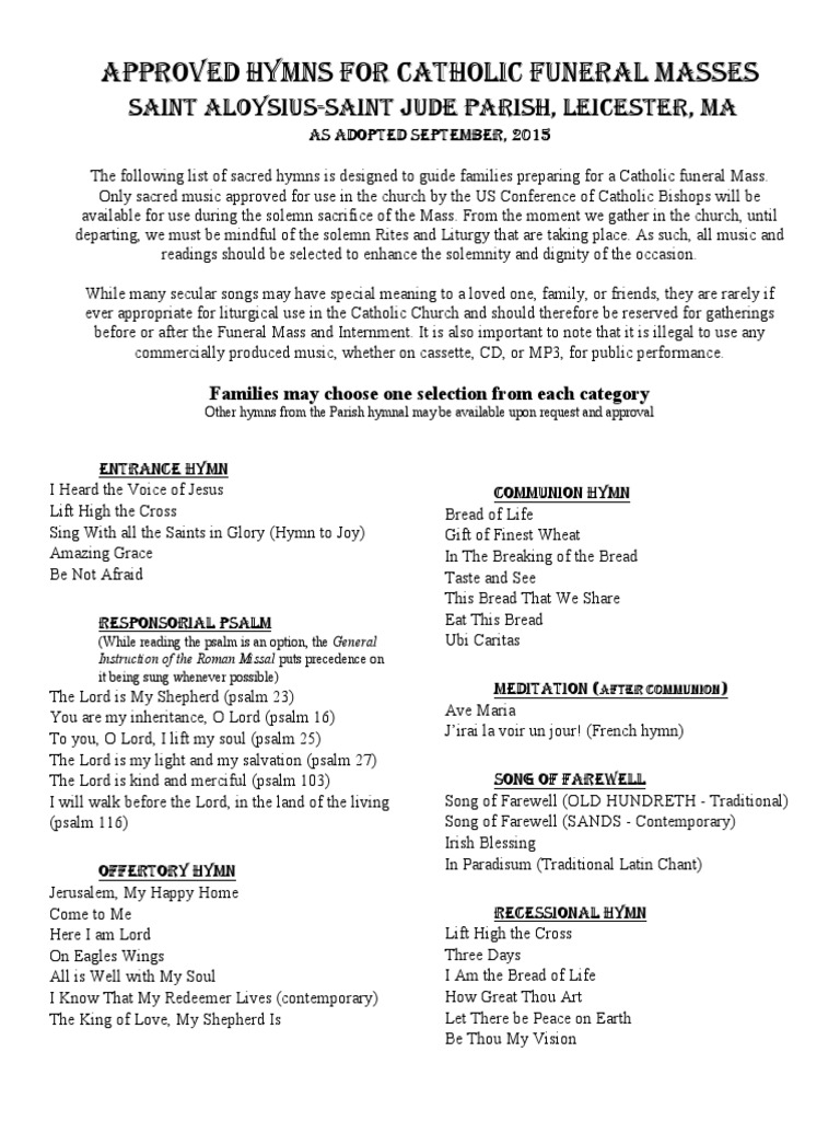 Approved Hymns For Catholic Funeral Masses: Saint Aloysius-Saint Jude ...