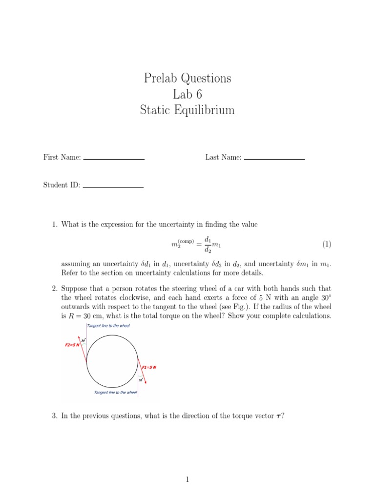 Prelab Questions Lab 6 Static Equilibrium: (Comp) 2 1 2 1 | PDF