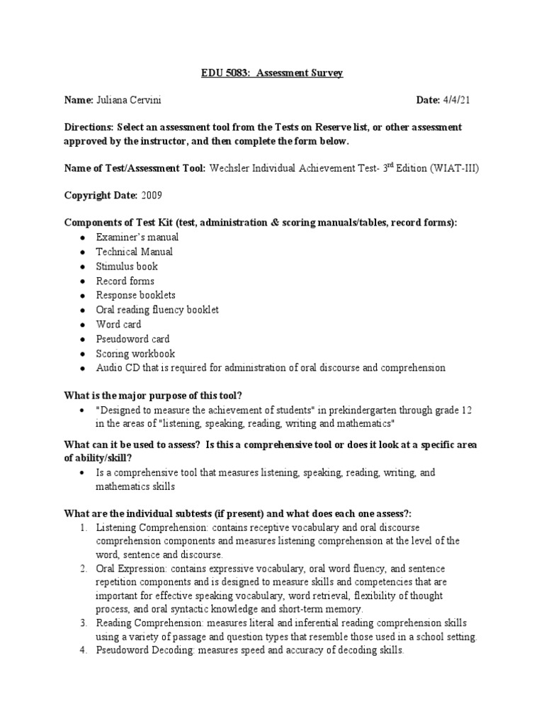WIAT III Assessment Survey | PDF | Reading Comprehension ...