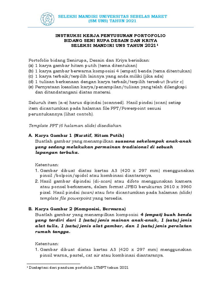 Instruksi Kerja Penyusunan Portofolio Bidang Seni SM Uns 2021 | PDF