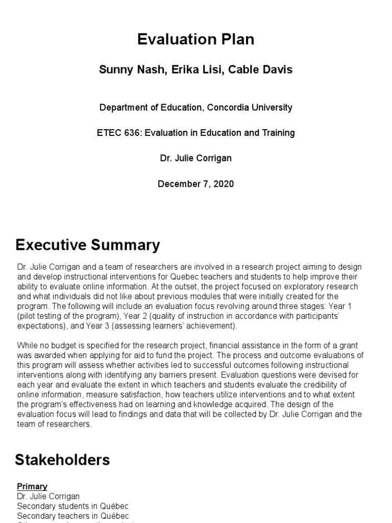 Etec 636 Evaluation Plan - Sunny Nash Erika Lisi Cable Davis | PDF ...