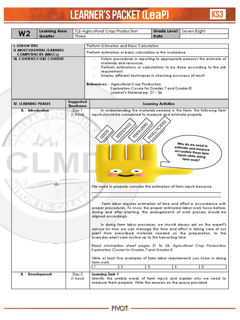 Learning Area Grade Level Seven/Eight Quarter Date: TLE-Agricultural ...