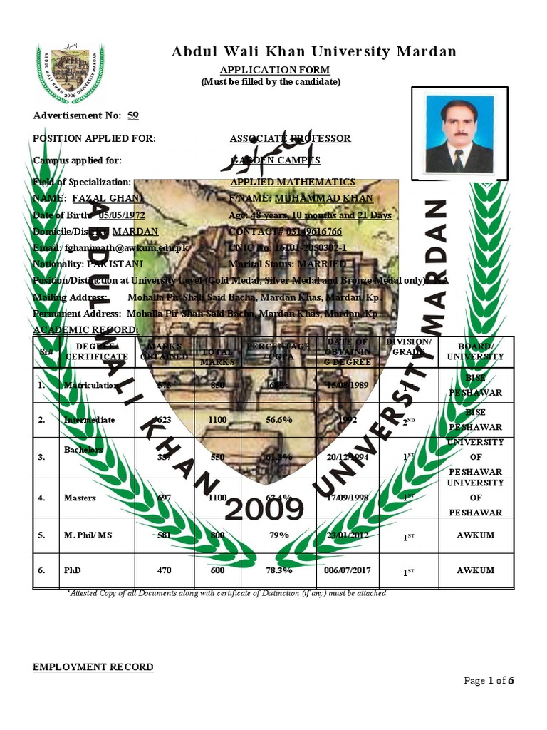 Application Form AWKUM-New | PDF | Doctor Of Philosophy | Mathematical ...