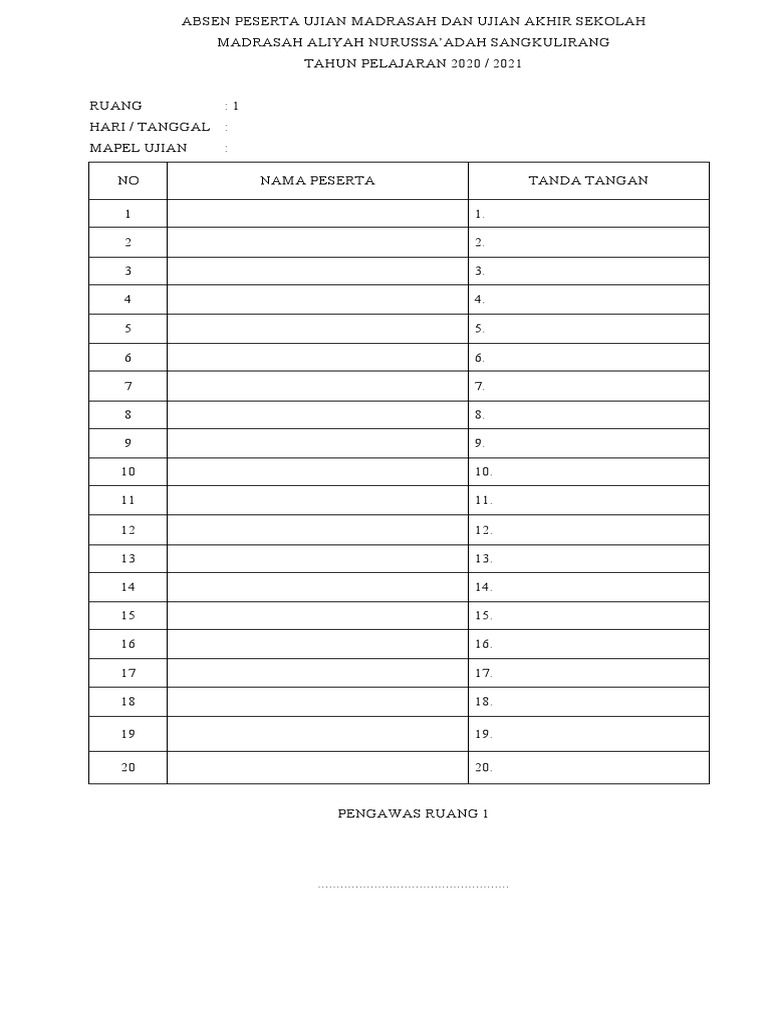 Absen Peserta Ujian Sekolah | PDF