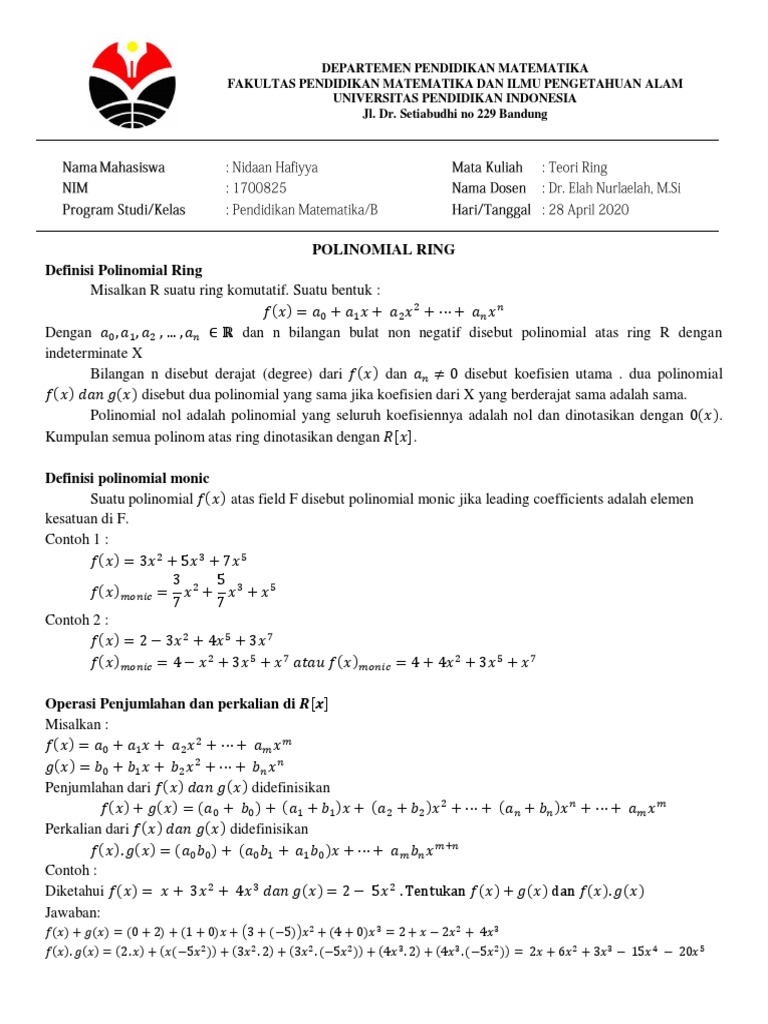 Tugas 3 - Polinomial Ring | PDF | Metode & Bahan Ajar | Sains & Matematika