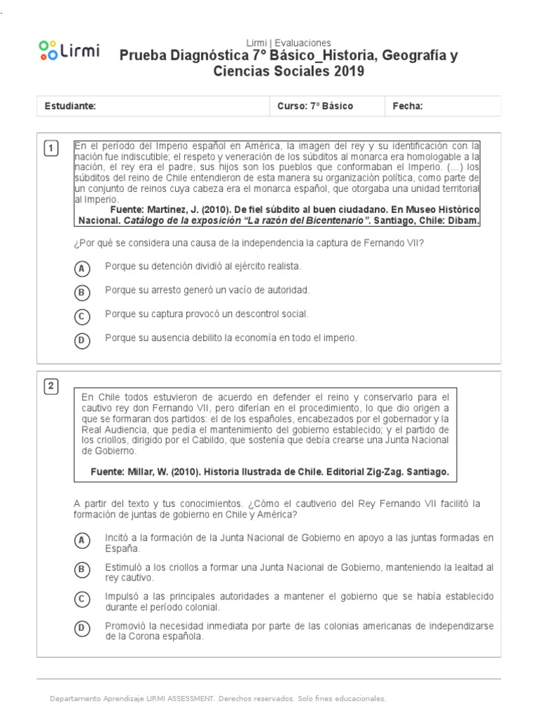Prueba Diagnóstica Historia 7° Básico 2019 | PDF | Chile | España