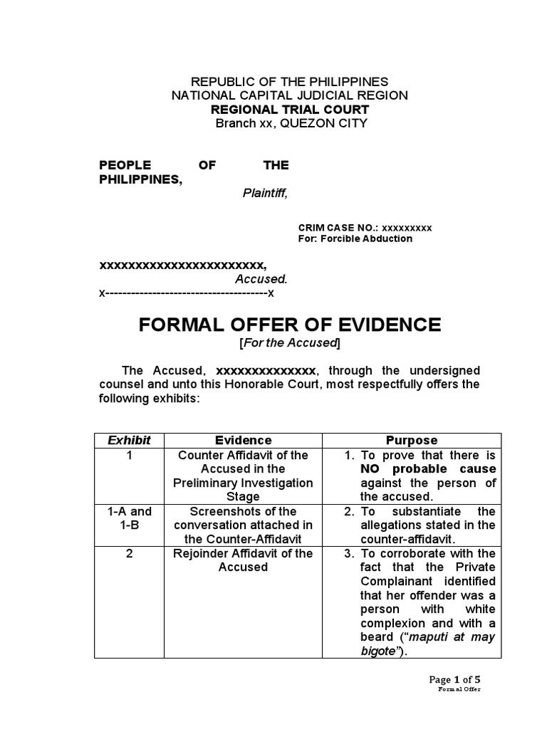Formal Offer of Evidence in Abduction Case | PDF | Witness | Affidavit