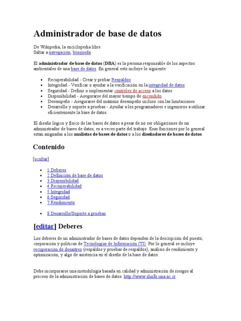 Administrador de Base de Datos-Wikipedia | PDF | Bases de datos | Base ...