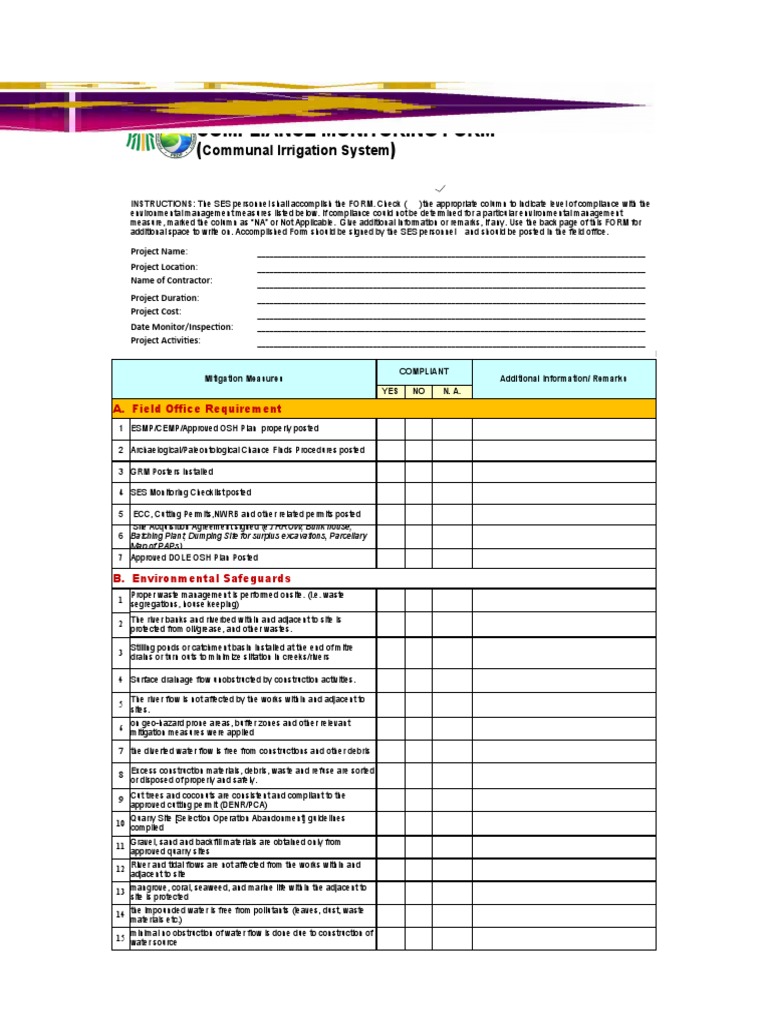 Environmental and Social Safeguards Compliance Monitoring Form | PDF ...